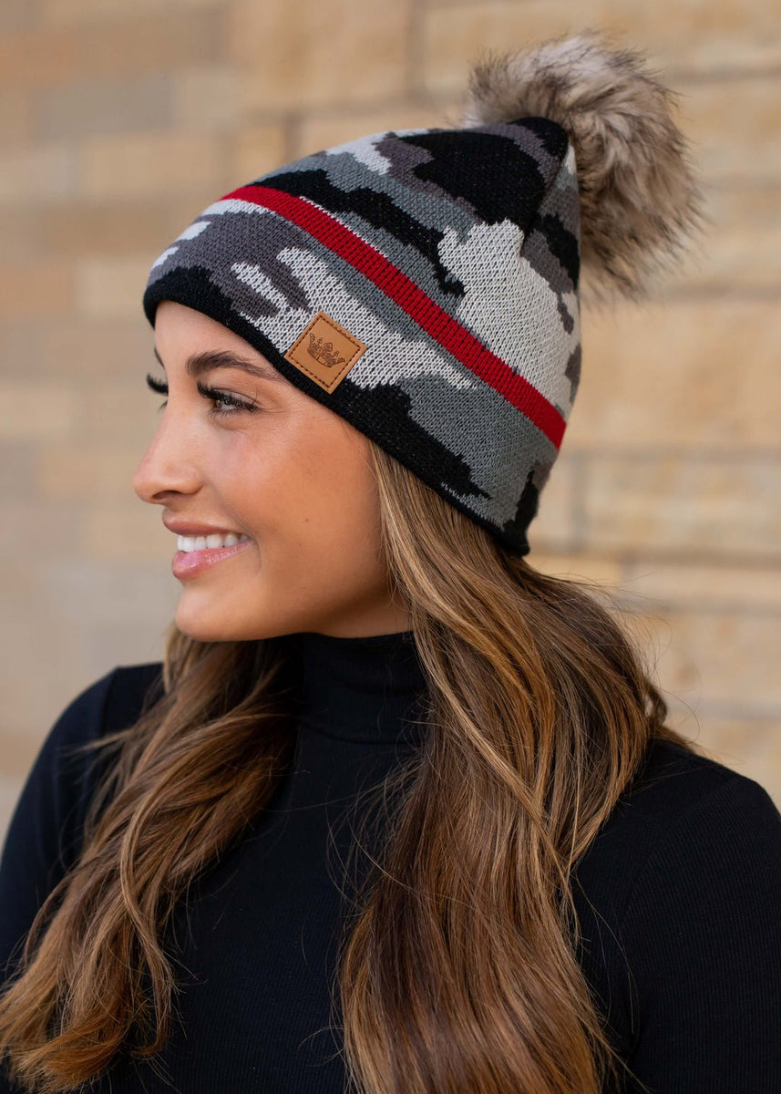 Grey Camo Knit Hat With Red Stripe – 260 Broadway Boutique